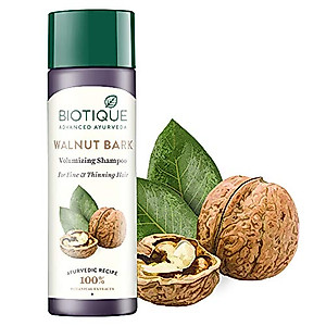 Biotique Walnut Bark Volumizing Shampoo For Fine & Thinning Hair 190 ml/ 6.42 Oz. I Makes Hair Healthy, Silky, Shiny And Pure Natural Black I Musk Root Soap Nut And Black Malya Flowers