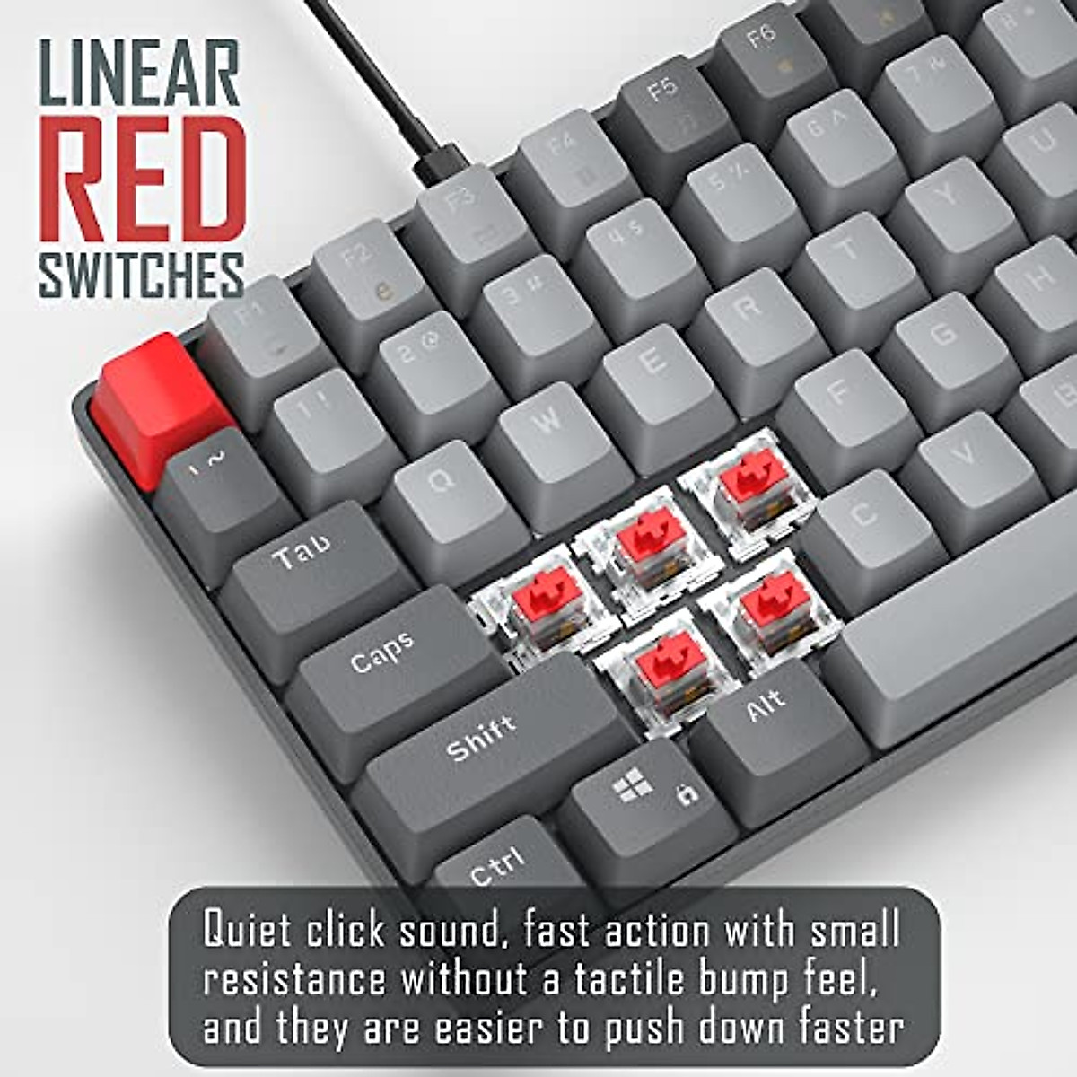 84 Keys Mechanical Gaming Keyboard, Compact Gray Gaming Keyboard with Linear Red Switches, Wired Detachable Type-C Cable Mini Keyboard with Blue Light for Windows/Mac/PC/Laptop