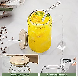 4 PCS Glass Cups with Bamboo Lids and Glass Straws and Stainless Steel Stirring Spoon. 16 Oz Can Shaped Ice Glass Coffee Cups, Drinking Glasses and Beer Glasses and for Whiskey, Tea, Soda, Water