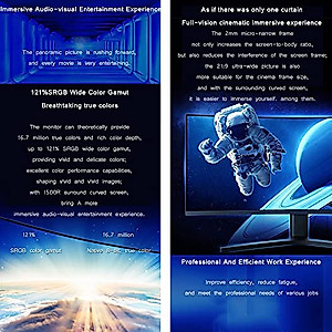 YILANJUN 34-Inch LCD LED Gaming Monitor, Commercial Office Display 1500R 21:9 Curved Screen, 144Hz / 3440 × 1440 WQHD, 4ms, 2 HDMI 2.0, 2 DP 1.4, Audio, Support Lifting/Rotating/Wall Hanging