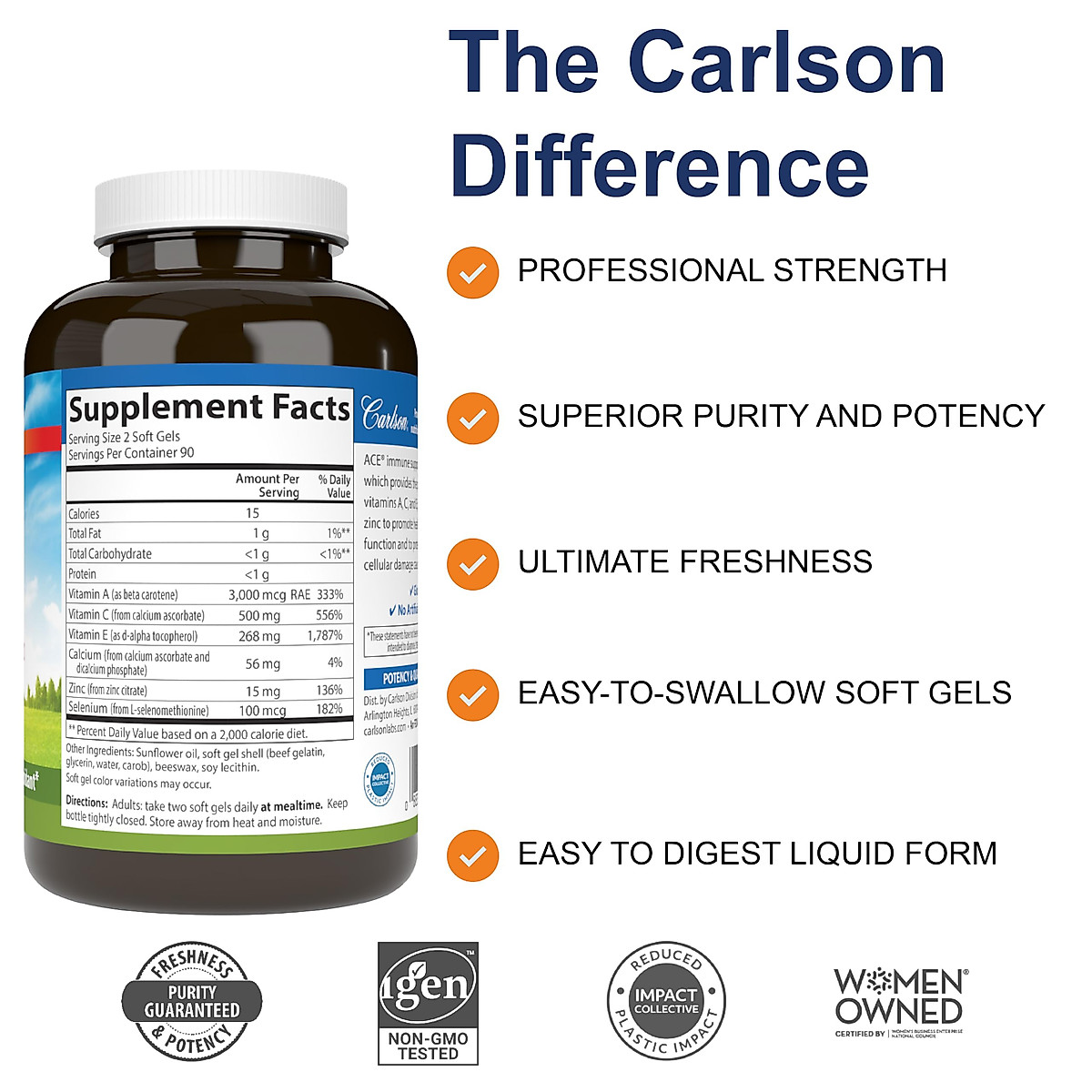 Carlson - ACES + Zn, Vitamins A, C, E + Selenium & Zinc, Cellular Health & Immune Support, Antioxidant, 180 Softgels