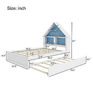 TURRIDU Full Size House-Shaped Bed with Led Light&Bookcase Headboard,Wood Platform Bed with Pull-out Trundle,No Box Spring Needed,Montessori Floor Bed, Blue+ White