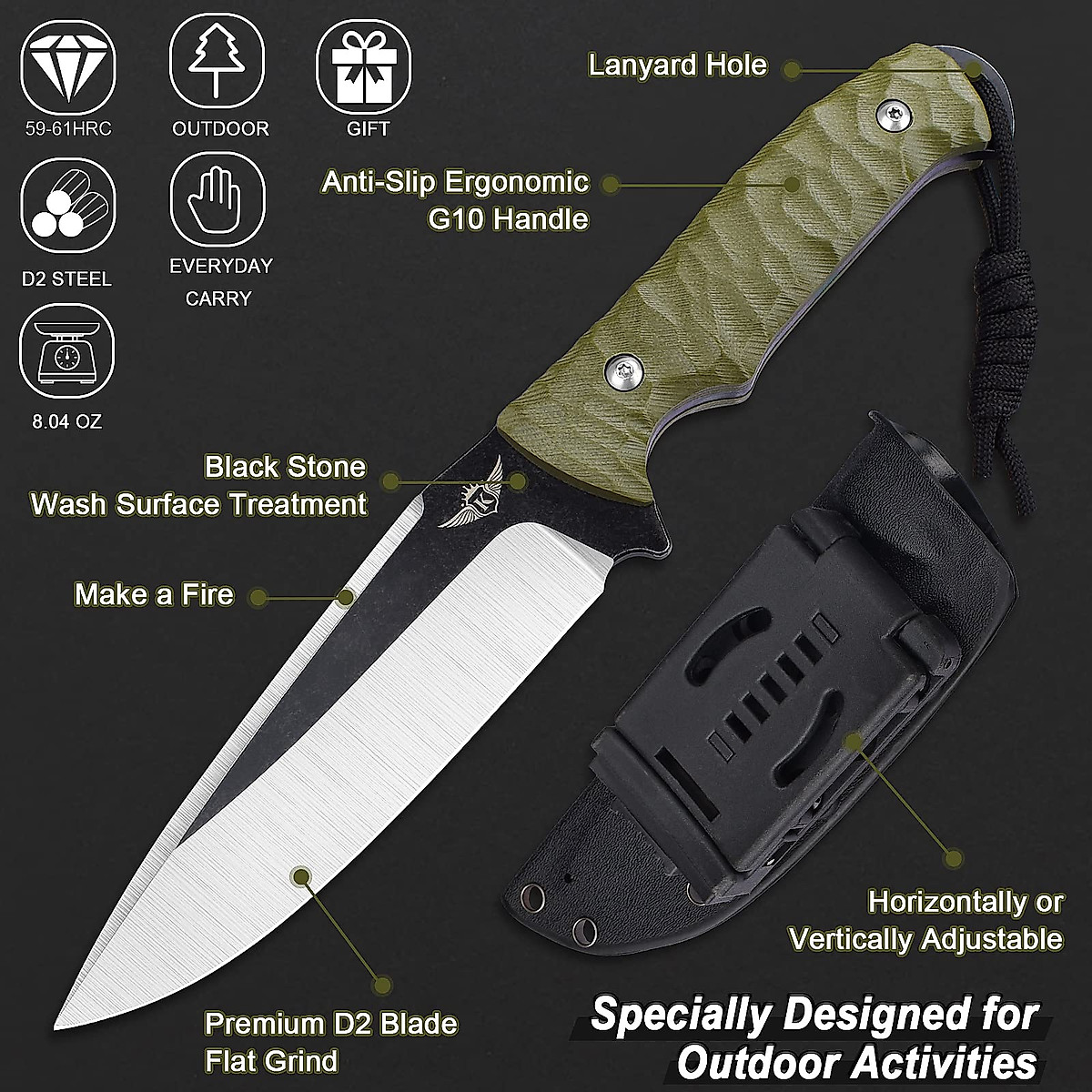 KOMWERO Fixed Blade Knife with Kydex Sheath, 4.52" Blade D2 Steel, Full Tang Knife with Green G10 Handle, Outdoor Hunting Camping Knife for Survival Hiking Bushcraft Fishing