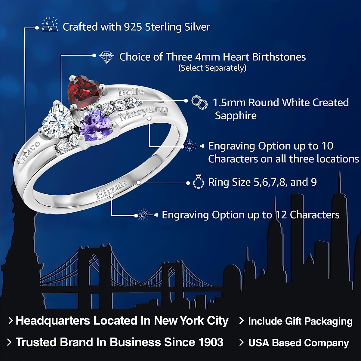 Gem Stone King 925 Sterling Silver Customized and Personalized 3 Heart Shape Gemstone Birthstone Forever United For Her Engagement Promise Ring For Women (Size 8)