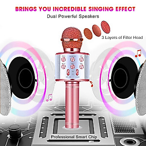 BlueFire 4 in 1 Karaoke Wireless Microphone with LED Lights, Portable Microphone for Kids, Great Gifts Toys for Kids, Girls, Boys and Adults (Pink)