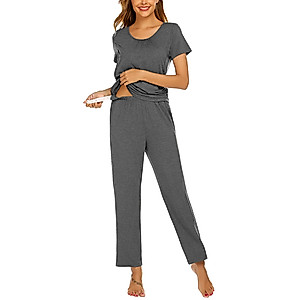 Ekouaer Women Nursing Pajama Set for Breastfeeding Maternity Sleepwear Side Ruched Pregnant Tops with Long Pants Sets Dark Grey S