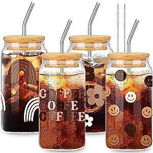 Whaline Drinking Glasses with Bamboo Lids and Glass Straw 4pcs Set - 16oz Can Shaped Glass Cup, Beer Glass, Iced Coffee Glass, Cute Tumbler Cup, Ideal for Cocktail, Whiskey, Gift - 2 Cleaning Brushes
