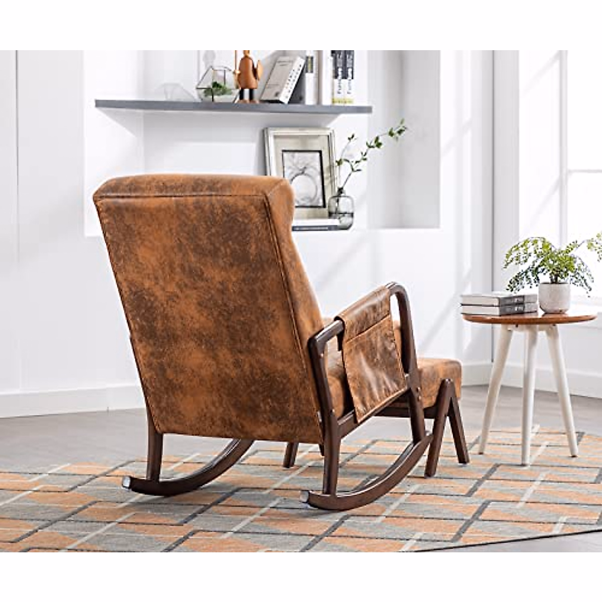 Kurhwyss Nursery Rocking Chair with Ottoman, Upholstered Rocker Chair with Arm Pocket, Modern Accent Glider Chair with Comfy High Back for Living Room Bedroom (Coffee)