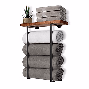 DAZUINIAO Towel Racks for Bathroom Wall Mounted with Wooden Shelf Bath Towel Holder for Rolled Towels Metal Towel Storage Organizer for Small Bathroom Decor or RV Camper Black