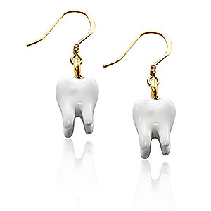 Whimsical Gifts Handpainted Dental Tooth Charm Earrings | Handmade in USA | Antique Gold Finish| French Wire Hooks | Lead-free Pewter