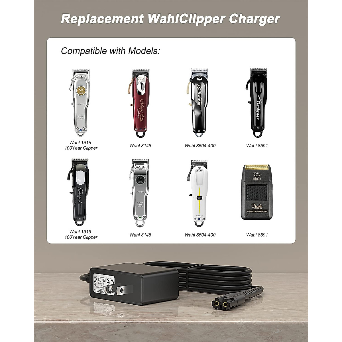Replacement for Wahl Magic Clipper Cordless Charger Cord, 4V Clip Charger Compatible with Wahl 8164/8591/ 8148/8504, 5-Star Magic Clip Cordless Trimmer, 1919 100 Year Hair Clipper