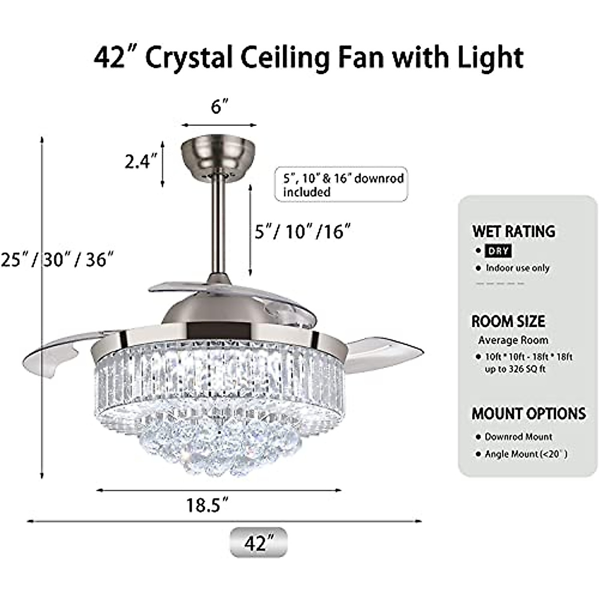 42inches Brushed Nickel crystal Ceiling Fan Indoor with Light and Remote,Ceiling Fans Retractable Blades Bedroom Ceiling Fan with Lights and Remote Control LED Ceiling Fan Light Kit