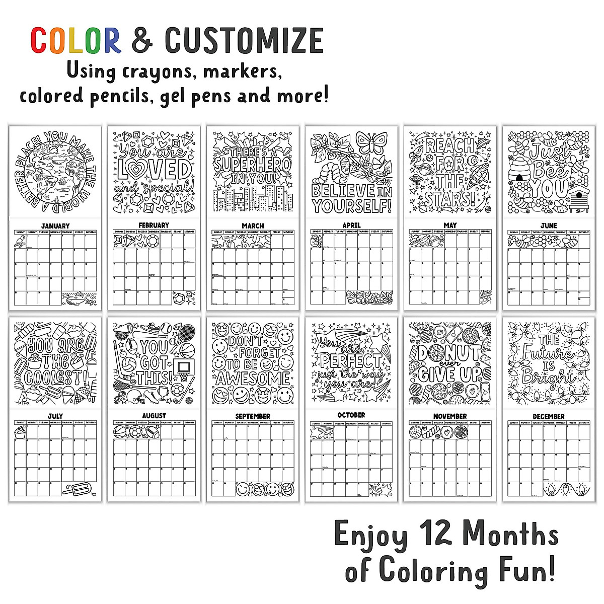 Tiny Expressions - Inspirational Coloring Calendar for Kids - Today is a Good Day 2024 Wall Calendar - Home or Classroom Kid Learning Calendars with Inspirational Quotes - Children's Calendar - 12x12 inches