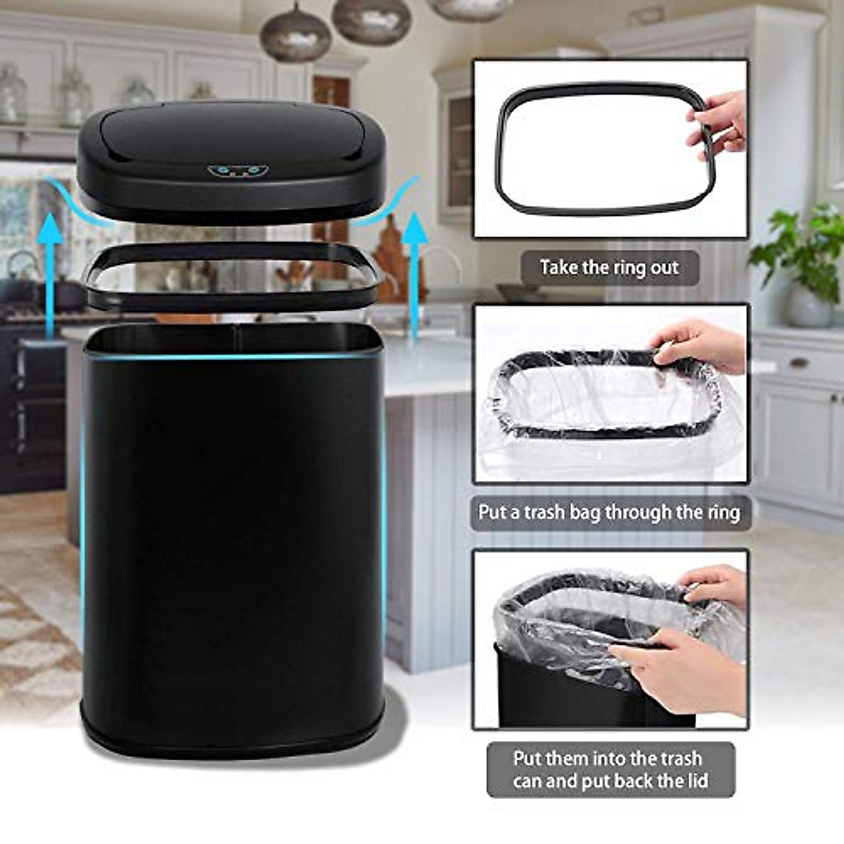 HCB Trash Can Automatic Waste Bin Mute Metal Garbage Can with Lid Stainless Steel 13 Gallon 50 Liter for Kitchen | Office | Bedroom | Bathroom | Living Room (Black)