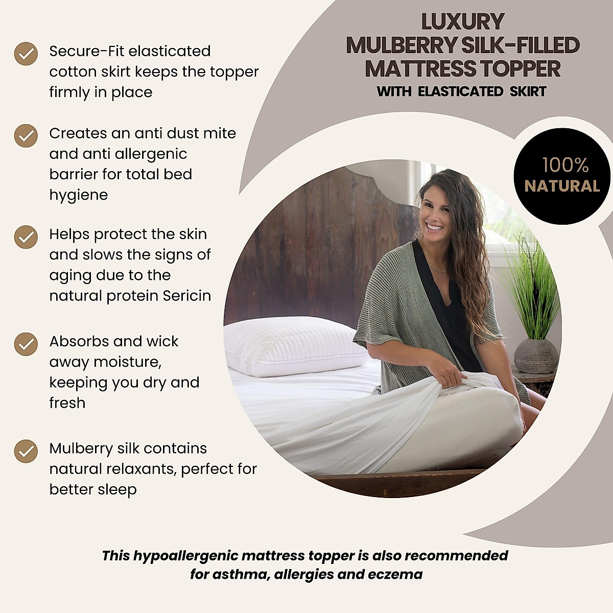 Silk Bedding Direct. Luxury Silk-Filled Mattress Topper with Fitted Cotton Sateen Elasticated Skirt. Queen, 80" x 60". Resting Your Dreams on Pure Mulberry Silk.