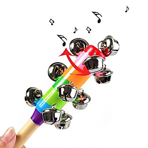 ZEAVOLA 6Pcs Wooden Jingle Hand Bells,Rainbow Handle Wooden Bells Jingle Stick Shaker Rattle Baby Kids Children Musical Toys