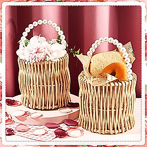 Set of 2 Wicker Wedding Flower Girl Baskets Pearl Wicker Rattan Flower Basket Handwoven Easter Basket Wicker Basket with Handle Straw Beach Bags Purse Wicker Tote for Candy Garden Home, 5.9 x 5.5 Inch