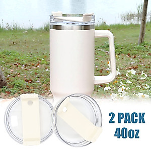 40oz Tumbler Lid Compatible for Stanley, 2 Pack Replacement Tumbler Lids Fit for Stanley Adventure Quencher 40oz Travel Tumbler with Plastic Straws and Cleaning Brush - Cream