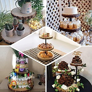 Efavormart 14" Tall | 3 Tier Rustic Wood Slice Cupcake Stand, Natural Wooden Cake Stand Dessert Display with Metal Poles