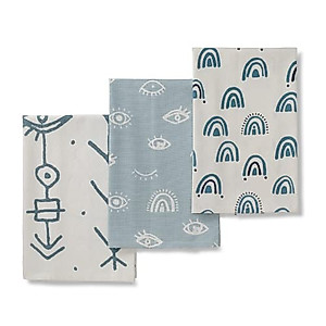 Folkulture Cotton Kitchen Towels and Dishcloths Set with Hanging Loop, Set of 3 Flour Sack Dish Towels and Dish Cloths for Drying Dishes, Highly Absorbent Decorative Tea Towels, 20 x 26 Inches, Mystic