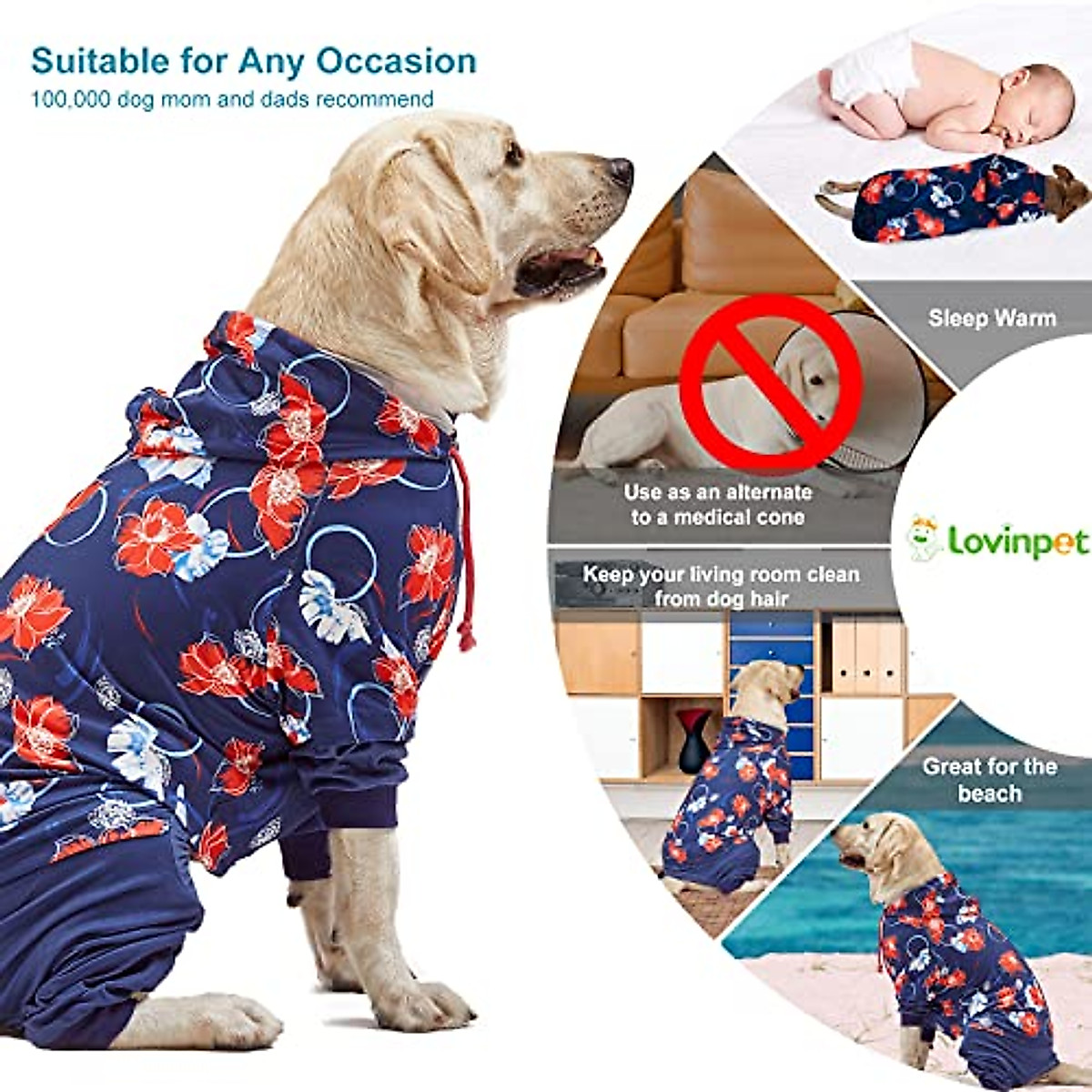 LovinPet Big Dogs Breeds Jammies, Wound Care/Post Surgery clothes, Pet Anxiety Relief for Dogs, Lightweight stretchy, Large Breed Dog Pajamas, Reflective Stripe, Floral Navy & Red Print, Pet Pj's /2XL