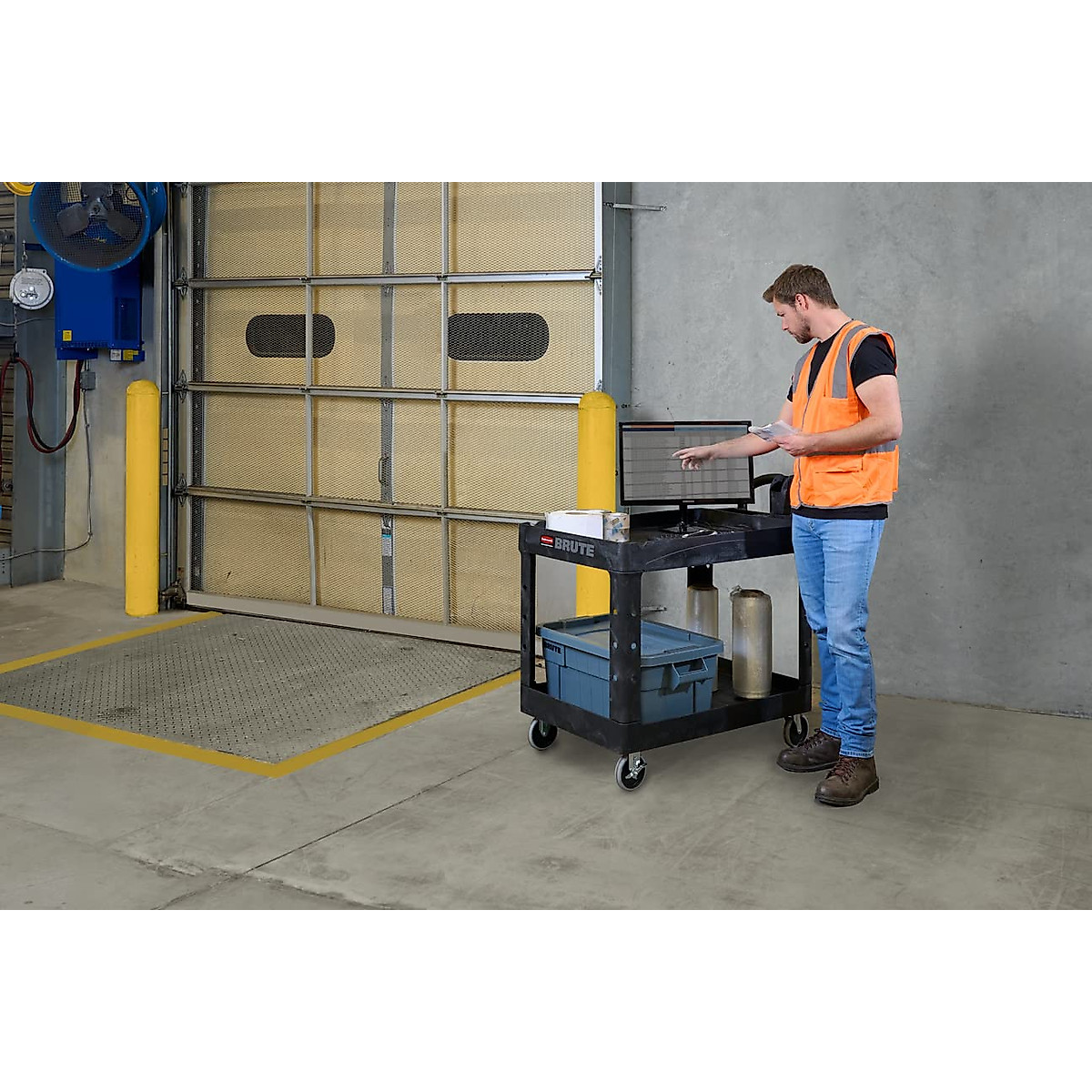 Rubbermaid Commercial Products 2-Shelf Utility/Service Cart, Medium, Lipped Shelves, Ergonomic Handle, 500 Lbs Capacity, for Warehouse/Garage/Cleaning/Manufacturing (FG452088BlA)