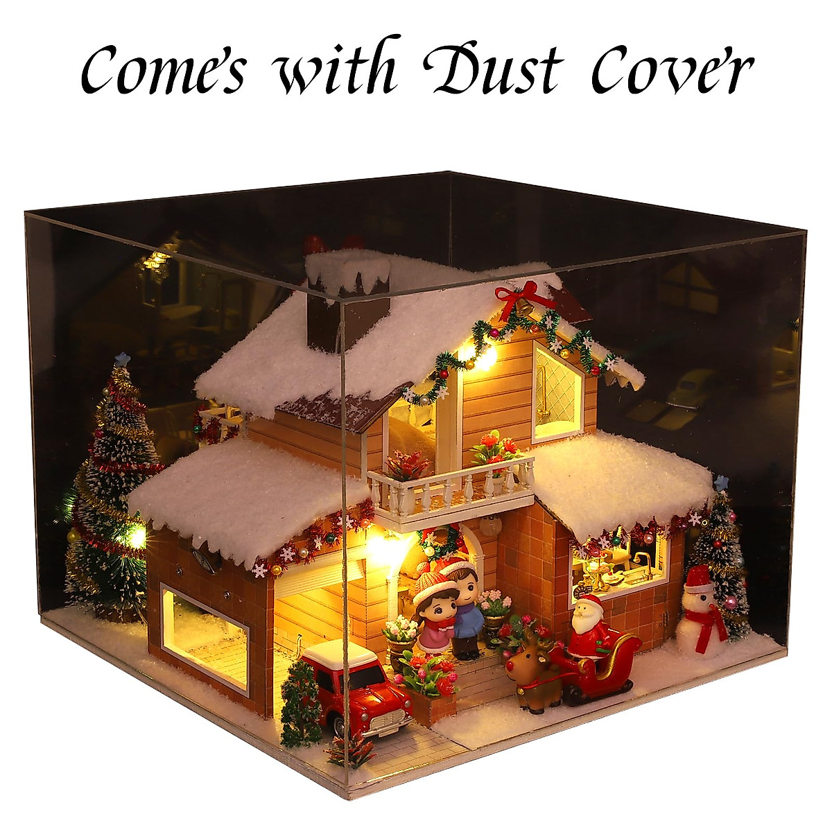 DIY Miniature Dollhouse Kit, 3D Wooden Puzzle Christmas Tiny House Model Kit with Music Box LED Light Dust Proof Cover, 3D Wooden Puzzle for Adults Couple, Handmade Crafts Home Decor Gift (Snow Villa)