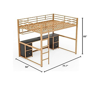 Full Size Modern Loft Bed with Desk, Cabinets, Drawers and Bedside Tray, Charging Station, USB Ports and Socket, Metal Bed Frame with Ladder and Guardrails for Kids Teens Adults (Gold+Black-01)