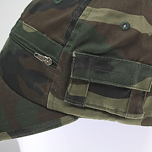 Zipper Pocket Washed Cotton Sandwich Adjustable Baseball Cap (Woodland Camo)