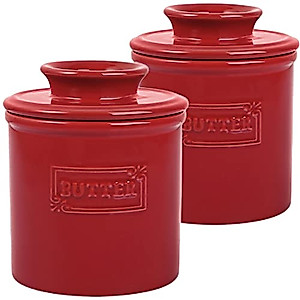 AVLA 2 Pack Ceramic Butter Crock, French Butter Dish with Water Line, Butter Keeper Butter Container for Countertop, Big Capacity, Red