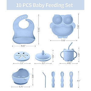 10Pcs Silicone Baby Feeding Set - Baby Led Weaning Supplies-Toddler Utensils with Baby Plates and Bowls with Suction, Bibs, Straw Cup,Baby Spoons Forks,- Ideal for Baby Self Feeding 6+ Months