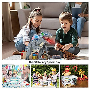 WESPREX Remote Control Walking Dinosaur T-Rex with Water Mist Spray, LED Light Up Eyes & Back, Roaring Sound, Realistic Tyrannosaurus, Toy for Boys Kids Girls Ages 3 4 5 6 7 Year Old - Blue