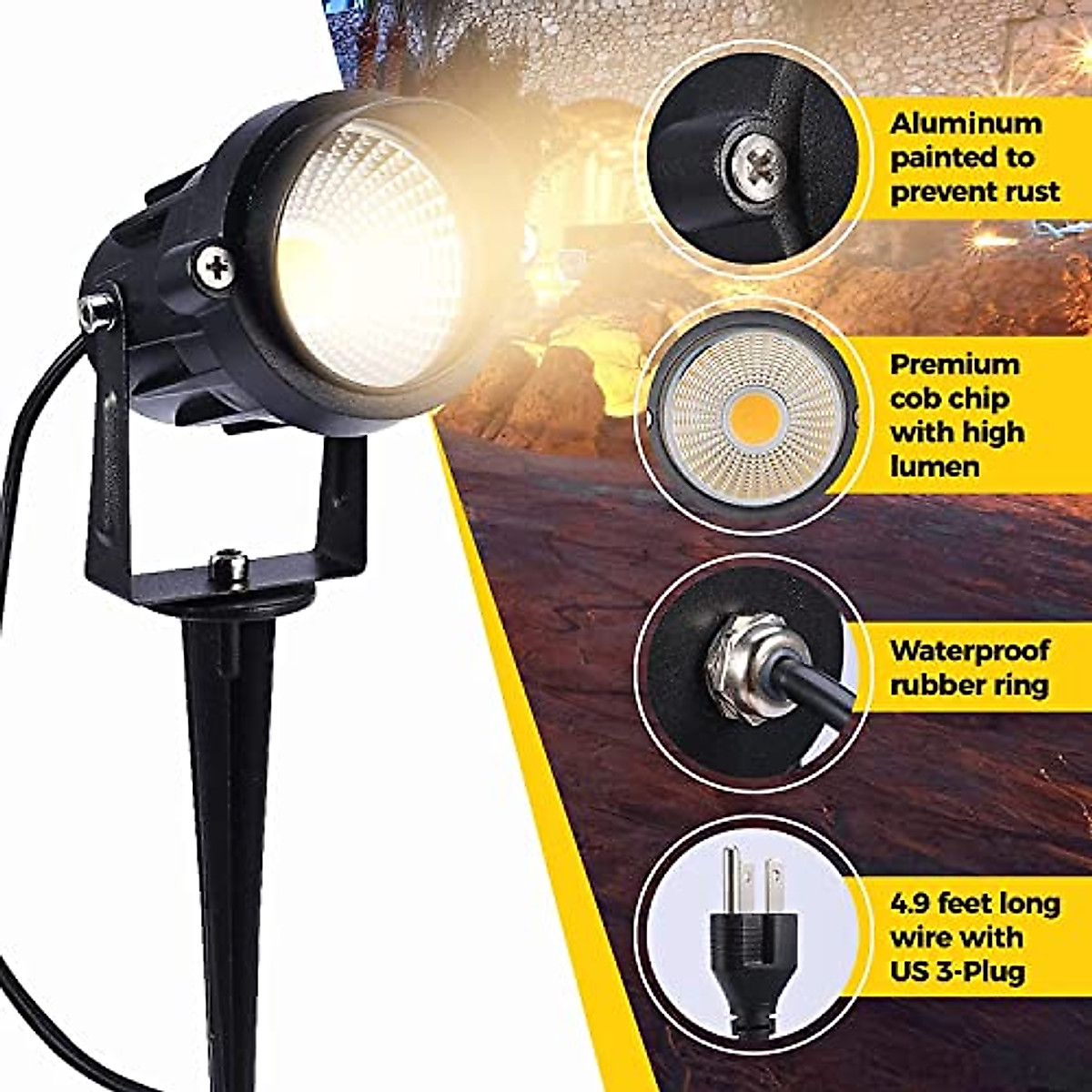 LCARED Led Spotlight Outdoor Landscape Lights Warm White 120V AC Waterproof Garden Spot Lights for Yard with Spiked Stake Patio,Lawn, Wall, Flood,Driveway Flag Lighting with US 3-Plug in (6 Pack)