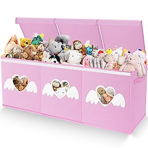Xmasorme Extra Large Toy Box Chest, Toy Storage Organizer Bins with Transparent Windows, Foldable Storage Box for Kids,Boys,Girls,Toddler,Nursery Room,Playroom(Pink Heart)