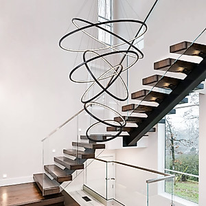 ROYAL PEARL Led Chandeliers Modern 7 Rings Black Chandeliers Large High Ceiling Chandelier Contemporary Foyer Chandelier for Dining Room Living Room Staircase Entryway, 3000K 4000K 6000K