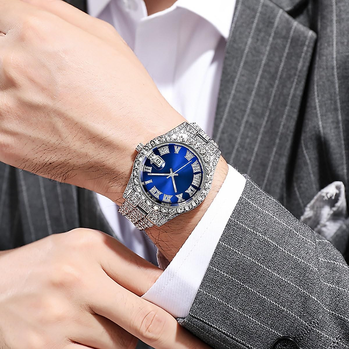 Men's Diamond Watch Fashion Crystal Rhinestone Quartz Analog Watch Iced-Out Bracelet Wrist Watch (Silver Blue)