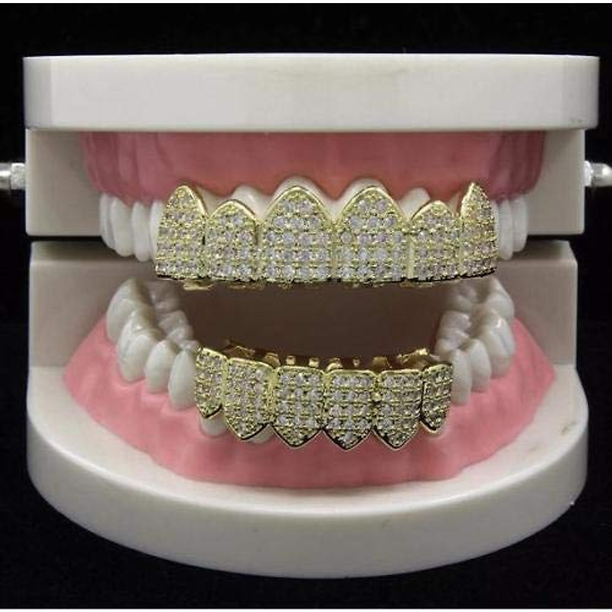 Solid 925 Sterling Silver Real Grillz - 14k Yellow Gold Plated - Iced CZ - Custom Top & Bottom Grills For Teeth - Real Solid Silver NOT BRASS