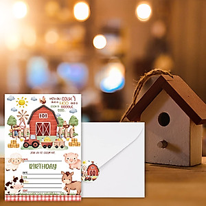 AnyDesign Farm Barnyard Birthday Party Invitations with Stickers Envelopes Red Buffalo Plaids Animal Pig Cow Party Invitation Paper Cards for Birthday Invites Party Supplies, 20 Sets, 5 x 7 Inch