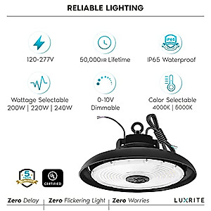 LUXRITE 200/220/250W UFO LED High Bay Light, Up to 35000 Lumens, 2 Colors 4000K 5000K, 5FT Hardwire Cable, Surge Protected, IP65, 120-277V, UL Certified - Warehouse Gym Factory Commercial Lighting