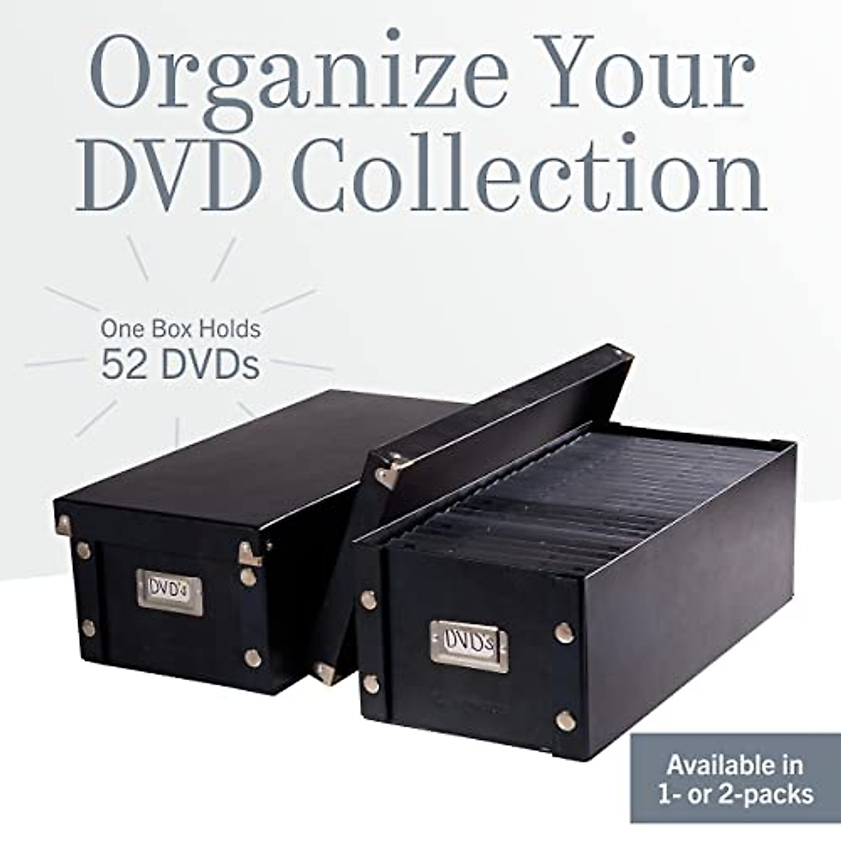 Snap-N-Store DVD Storage Box - 2 Pack - Durable 6 x 8.2 x 16.5 Inch Movie Organizers - Disc Holders with Lids to Store up to 52 DVD Cases - Black.