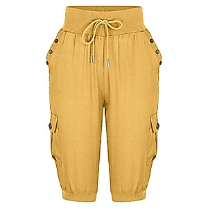lightenung Deals fold Over Yoga Pants for Women Capri Pants for Women Plus Size Cotton Linen Cropped Pants Drawstring Elastic Waist Cargo Capri Pants for Work Yellow S