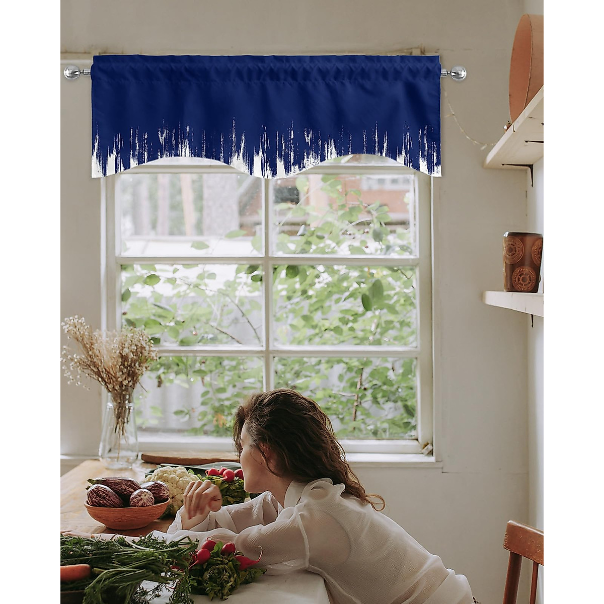 YOKOU Kitchen Valances for Windows Abstract Oil Painting Smear Navy Blue White Light Filtering Short Curtains for Windows Bedroom Privacy Added Rod Pocket Design 60x18inch,2pcs