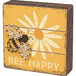 Primitives by Kathy Slat String Art Box Sign, 6"" x 6"", Bee Happy (35313)