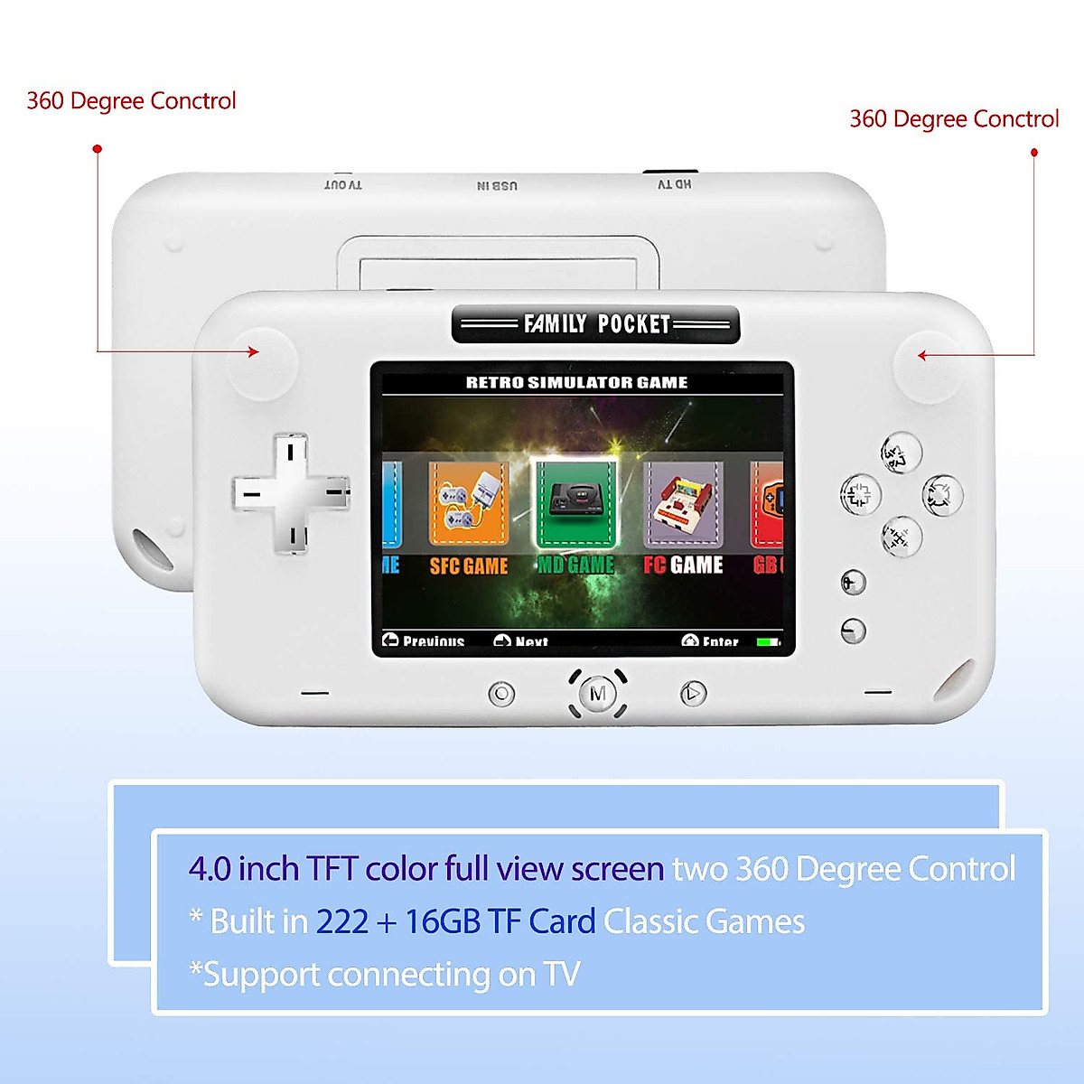 Handheld Games Console Built-in 2000 Classic Games 4 Inch Screen Retro Game Player Electronic Travel Games Support TV and 2 Players for Kids Adults