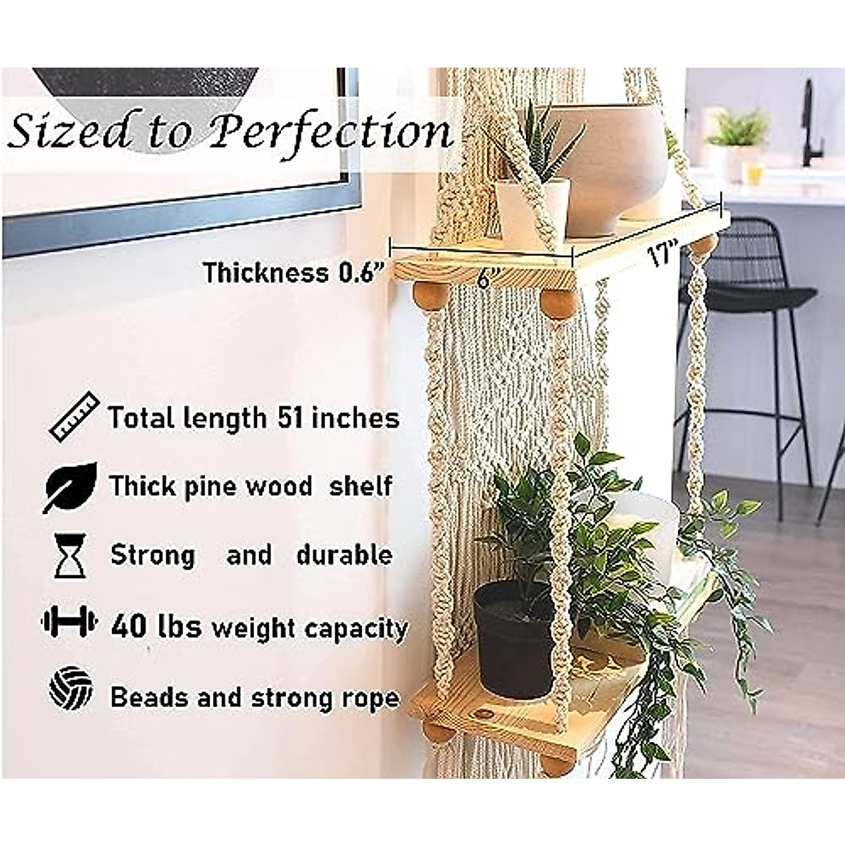 Induslyfe Macrame Wall Hanging Shelf Tier 3 Boho Hanging Wall Decor Boho Shelf Wall Decor Plant Rack Shelf, Boho Bookshelf Wall White Hanging Shelf Woven Rope for Boho Bathroom decor Bedroom Bookshelf
