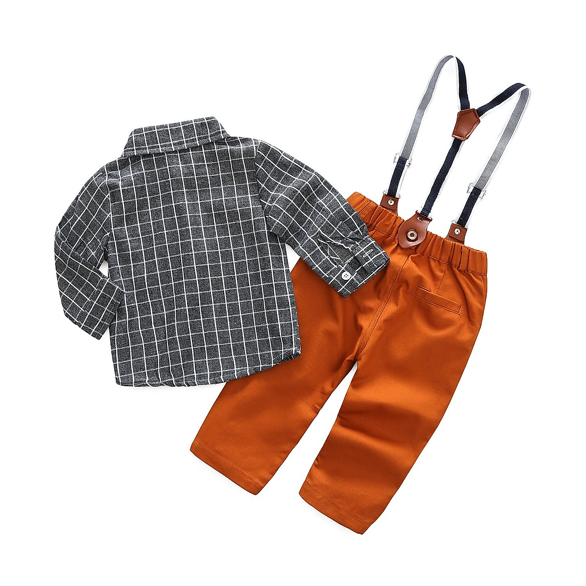 Kimocat Baby Boy Casual Suit 2pcs Cotton Long Sleeve Plaid Button-Down Shirt Pant with Suspenders Outfits Clothes Set (Gray, 2-3T)