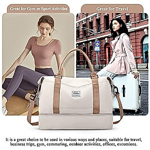Weekender Bags for Women, Personal Item Travel Bag with Shoes Compartment, Overnight Travel Duffel Bag with Wet Pocket & Trolley Sleeve,Gym Bag,Beige & Brown