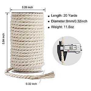 Hdviai Macrame Cord - Natural Unbleached Macrame Rope - 4 Strand Twisted Cotton Rope for Wall Hanging，DIY Craft Making，Plant Hangers，Knotting Decorative Projects (8mm x 20 Yards, White)