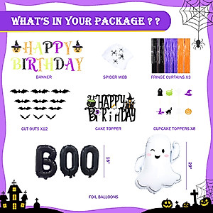 Fiesec Halloween Birthday Party Decorations, Halloween Themed Happy Birthday Decorations for Outdoor Indoor, Black Orange Purple Balloon Garland Arch Fringe Curtain Banner Cake Topper Spider Web Bat