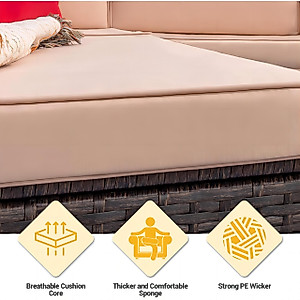 Greesum Patio Furniture Sets 6 Piece Outdoor Wicker Rattan Sectional Sofa with Cushions, Pillows & Glass Table, Beige